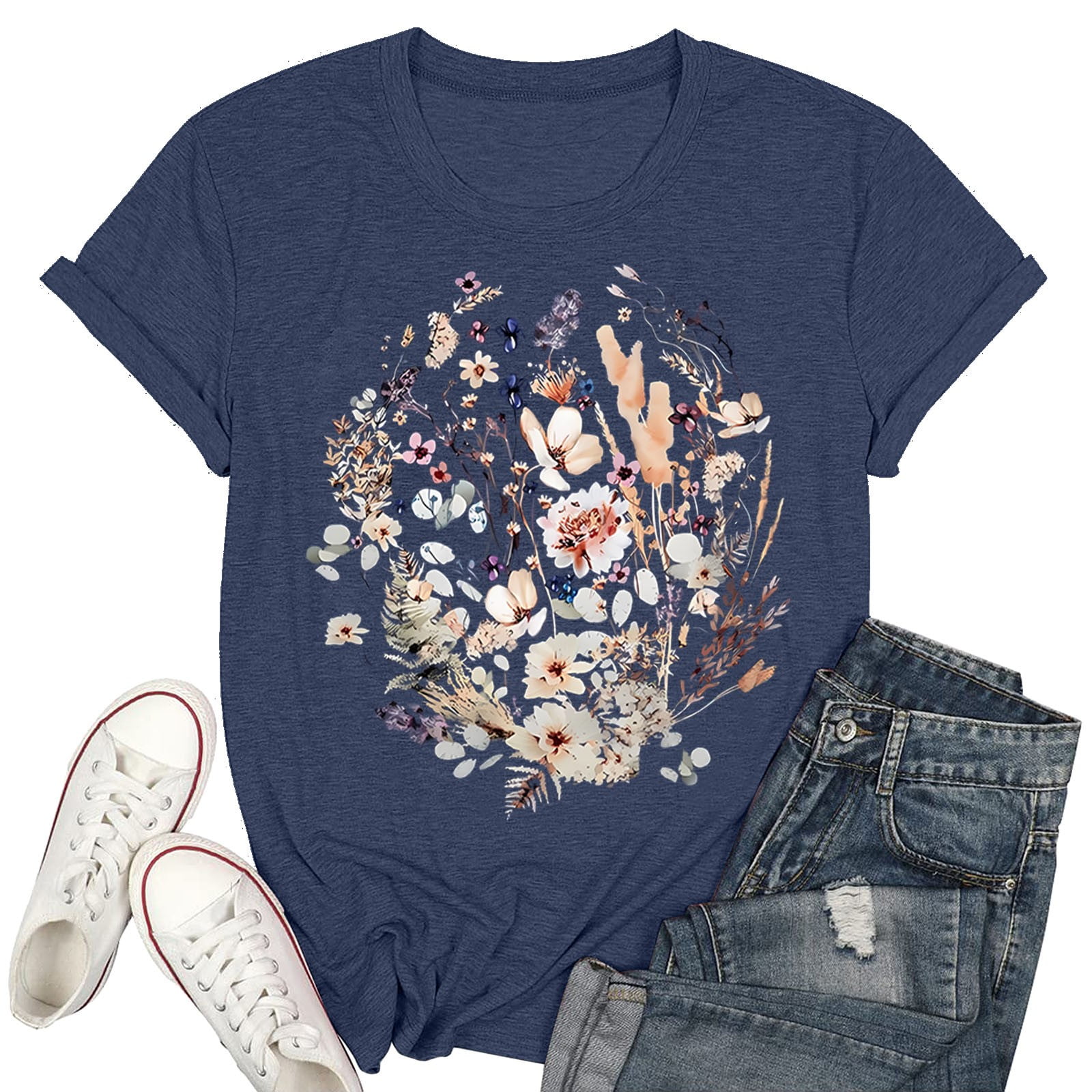 T Shirts for Women Lightweight Short Sleeve Crew Neck Summer Floral ...
