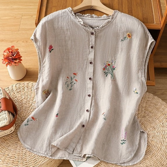 T Shirts for Women Loose Fit Buttoned Crew Neck Sleeveless Lightweight ...