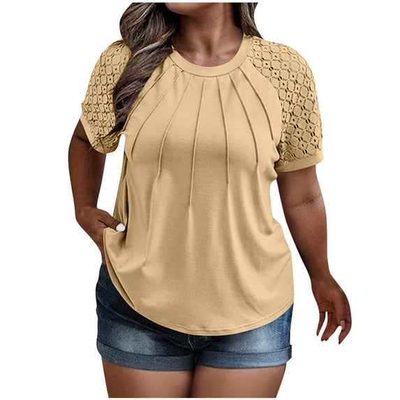 T Shirts for Women Plus Size Top Lace Sleeves Basic Casual Round Neck T ...