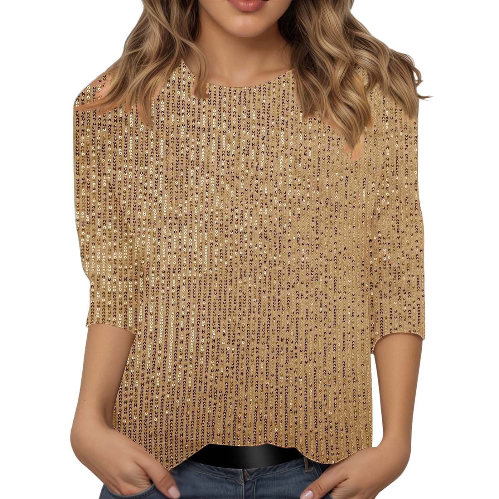 T Shirts for Women Sequin Clothes Gold Long Sleeve Sparkly Top Shiny ...