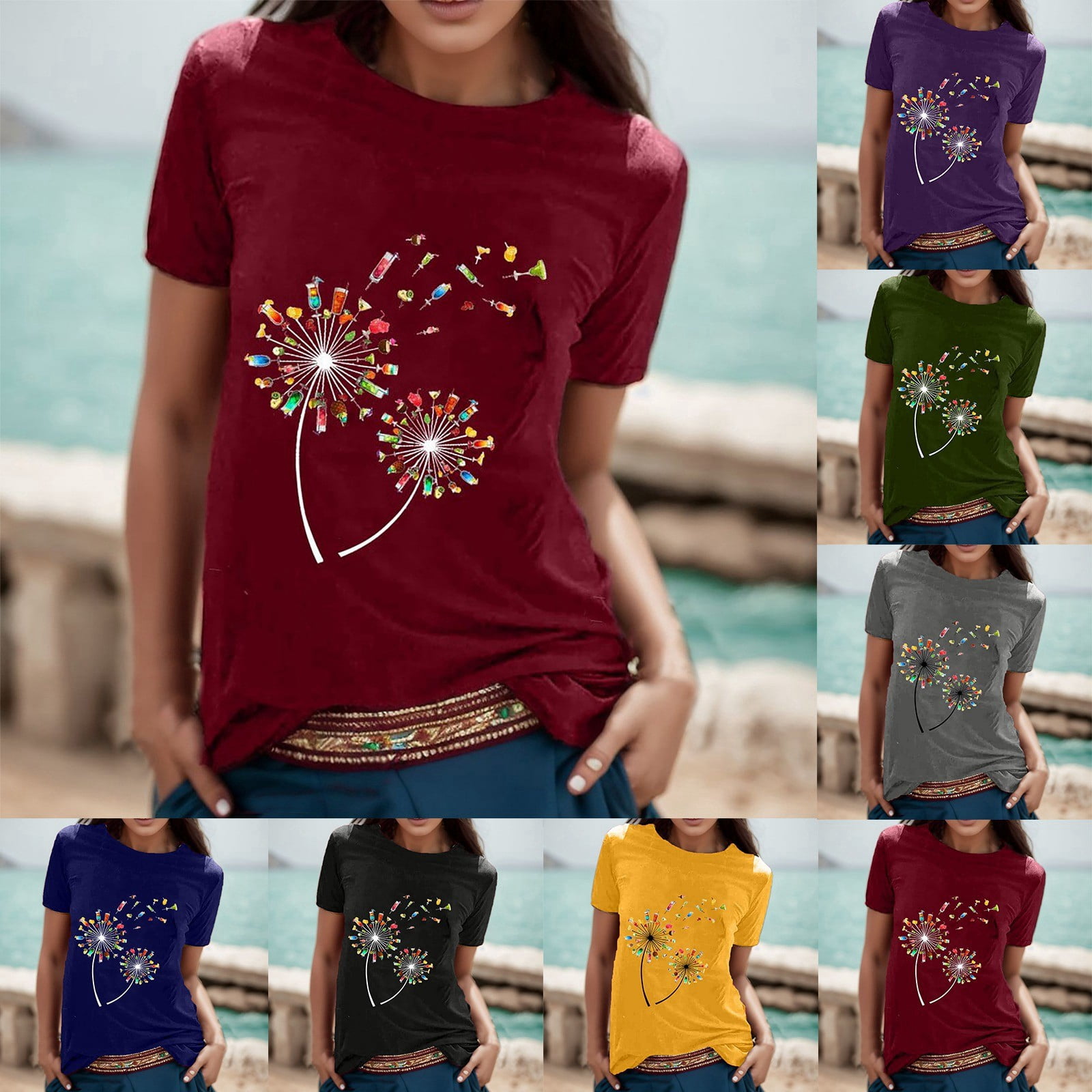T Shirts for Women Short Sleeve Crewneck Dandelion Print Graphic Tee ...
