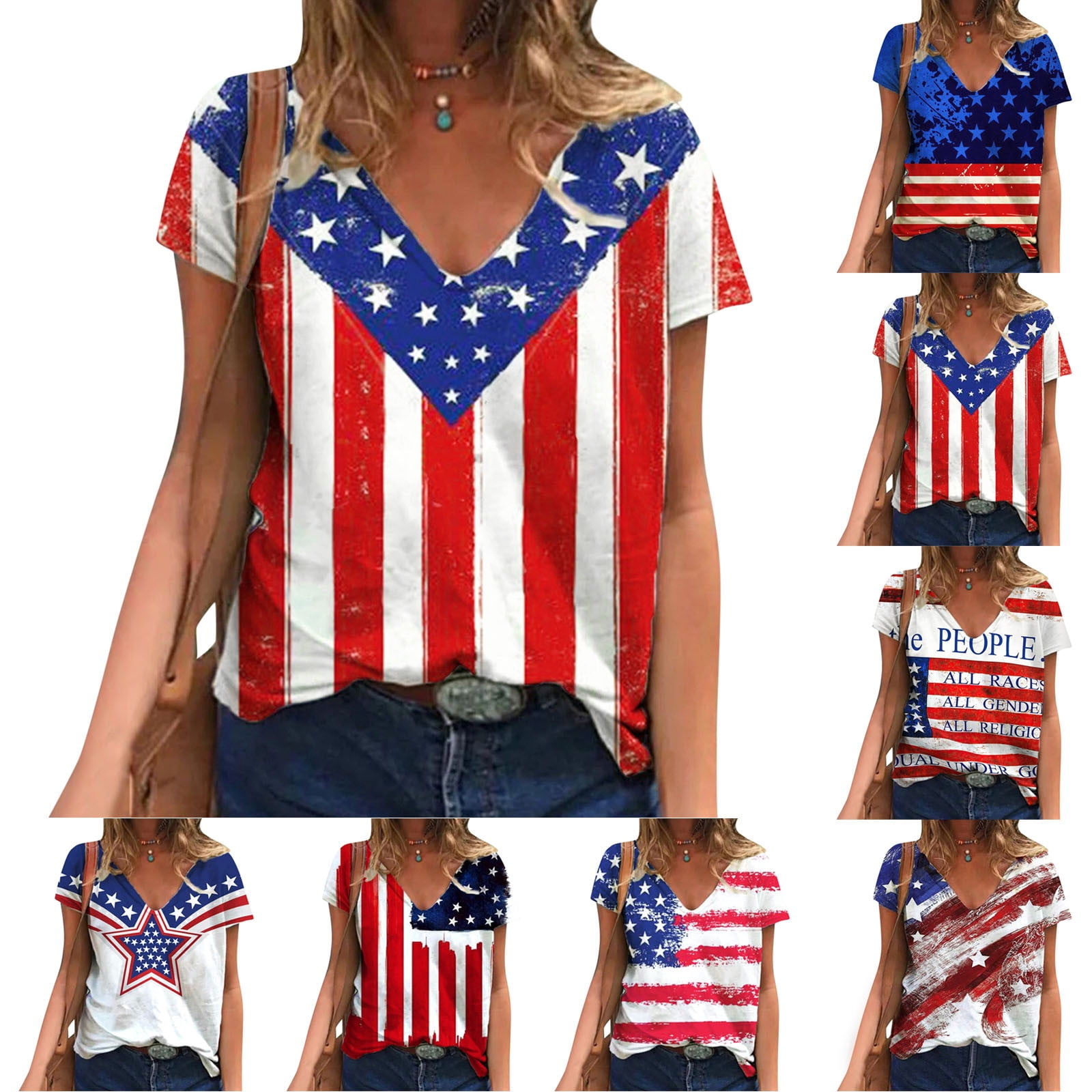 T Shirts for Women Short Sleeve V-Neck Independence Day American Flag ...