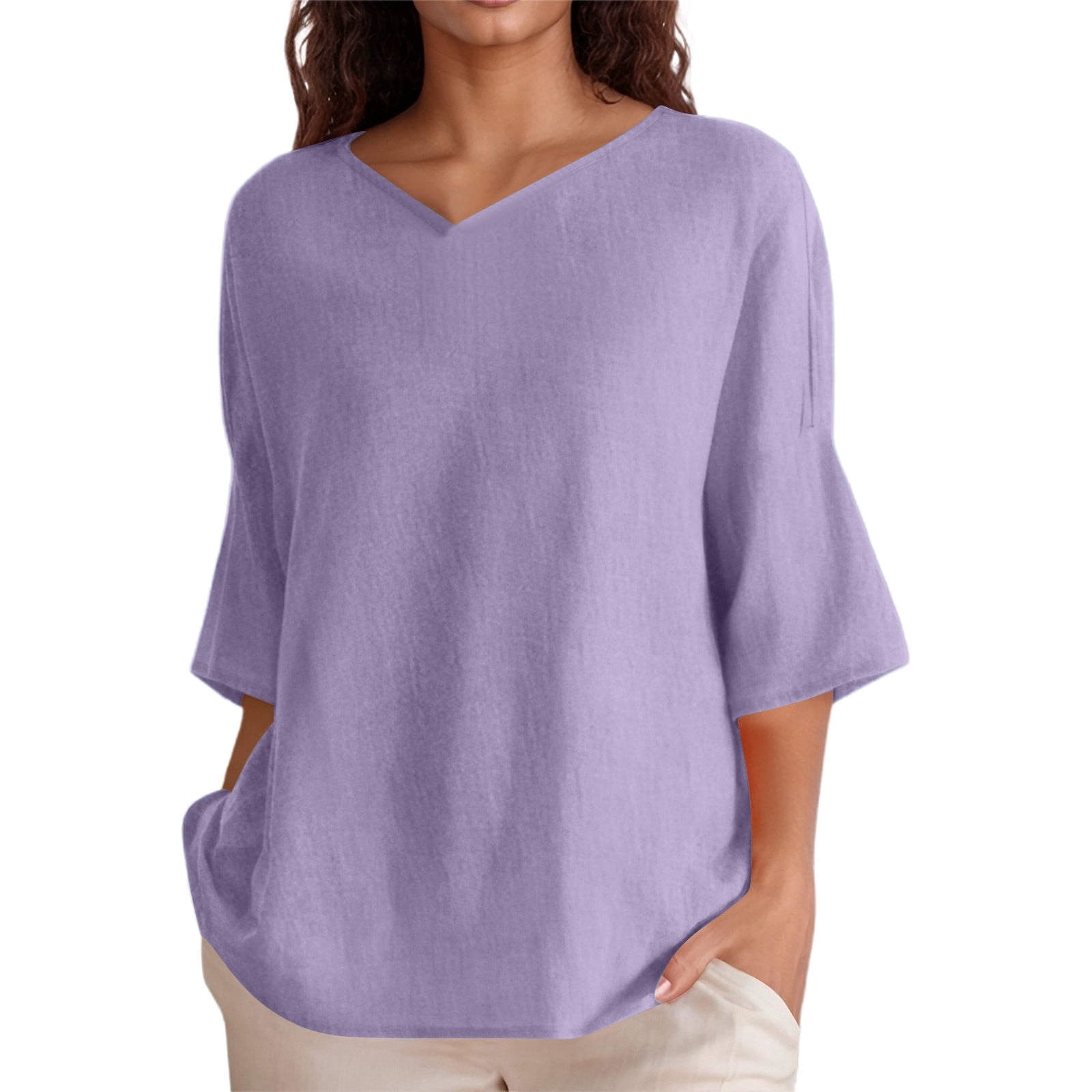 T Shirts for Women Summer V Neck Short Sleeve Linen Blend Solid Color Relaxed Fit Blouse ...