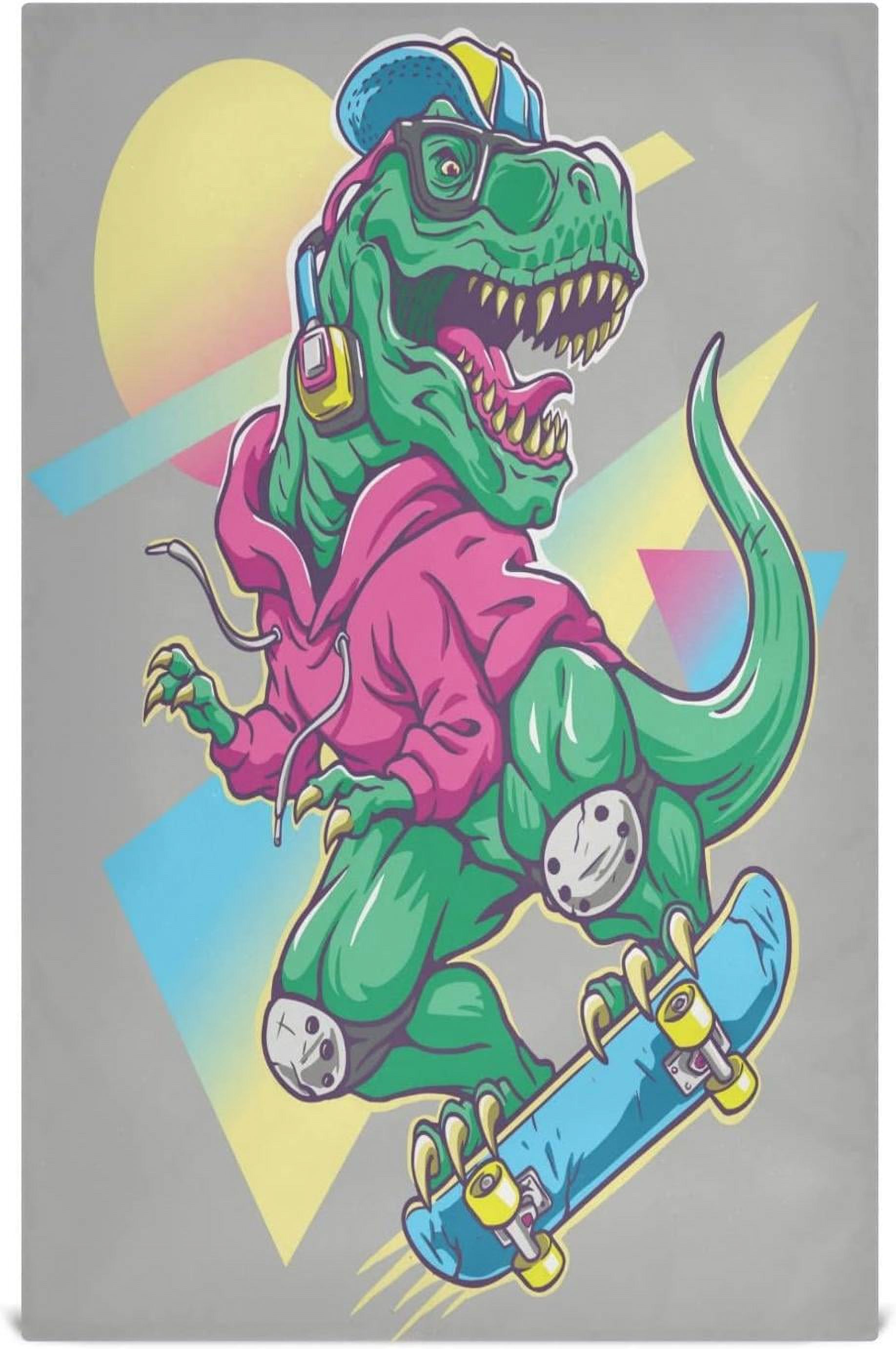 T-rex Dinosaur Skateboard Kitchen Dish Towels Set of 1, Cartoon ...