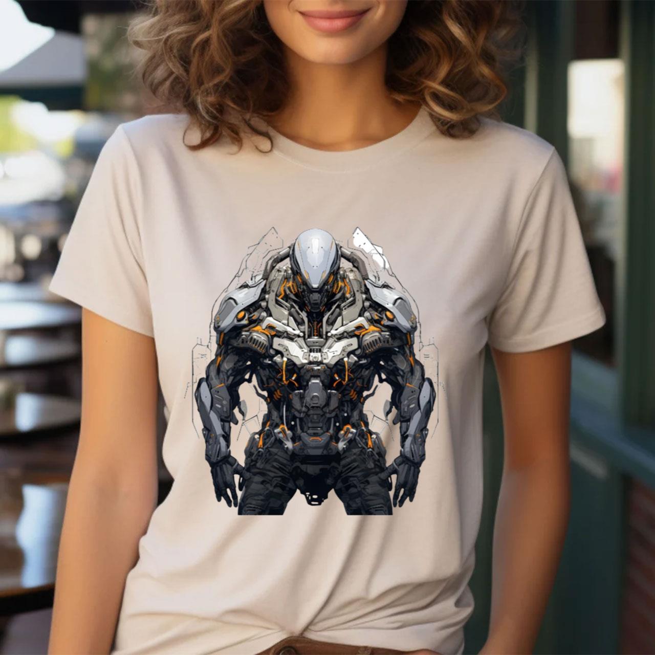 T-shirt design of a cyberpunk exo-suit pilot, mecha-inspired, armored ...