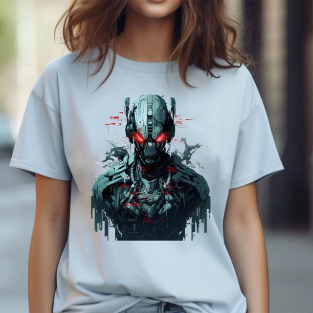 T-shirt design of a cyberpunk exo-suit rebel, mecha-inspired, defiant ...