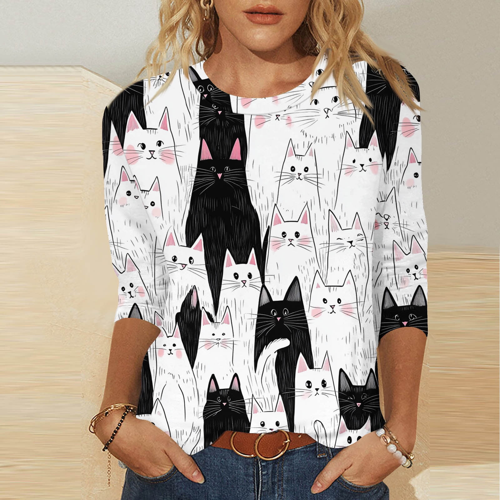 T-shirt for Women Plus Size 3/4 Sleeve Kitty-cat Print Round Neck ...