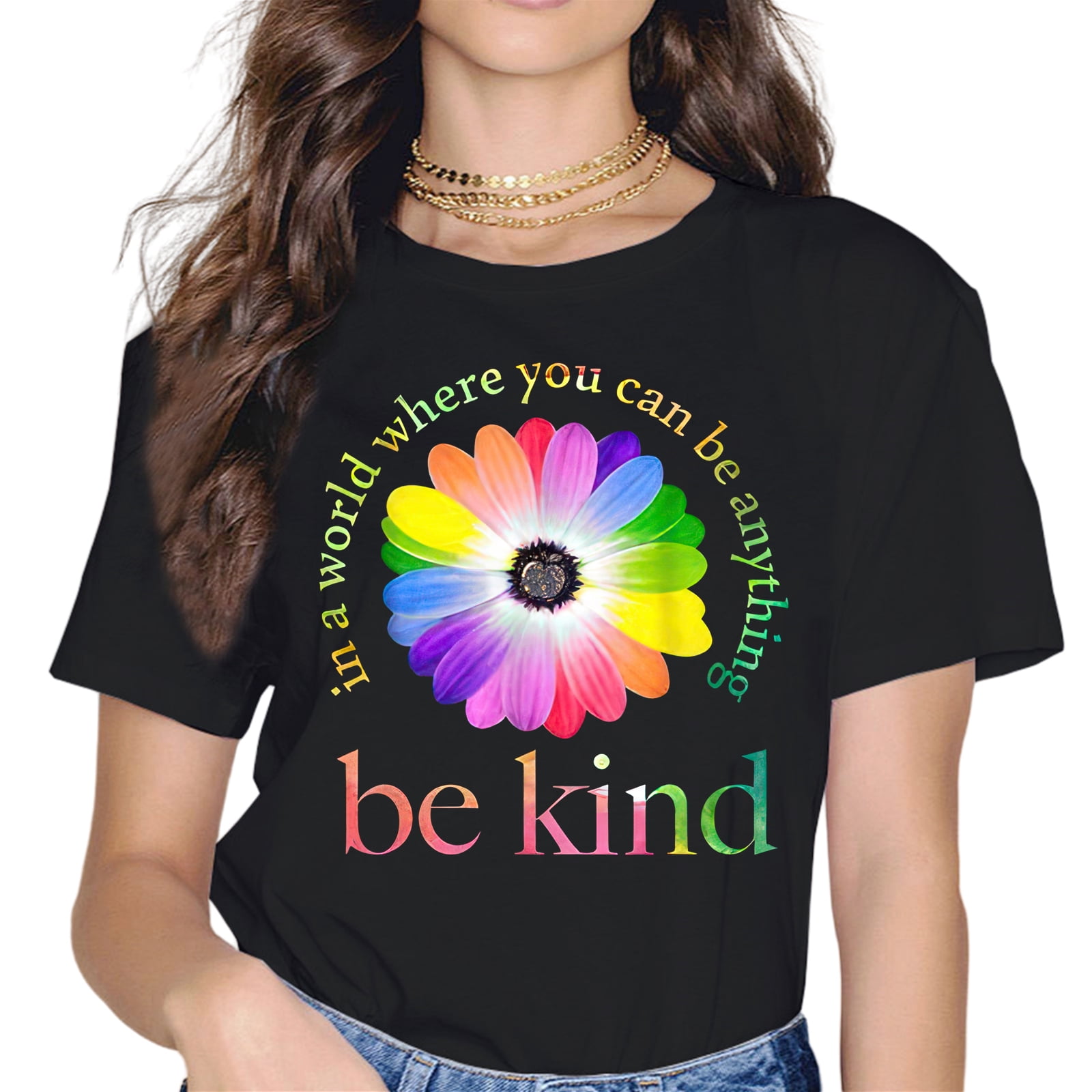 T-shirts For Women Summer Tee Shirt Female Be Kind Colorful Daisy ...