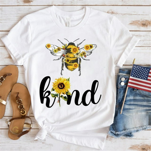 T Shirts For Women Summer Tee Shirt Female Cute Bee Sunflower Kind