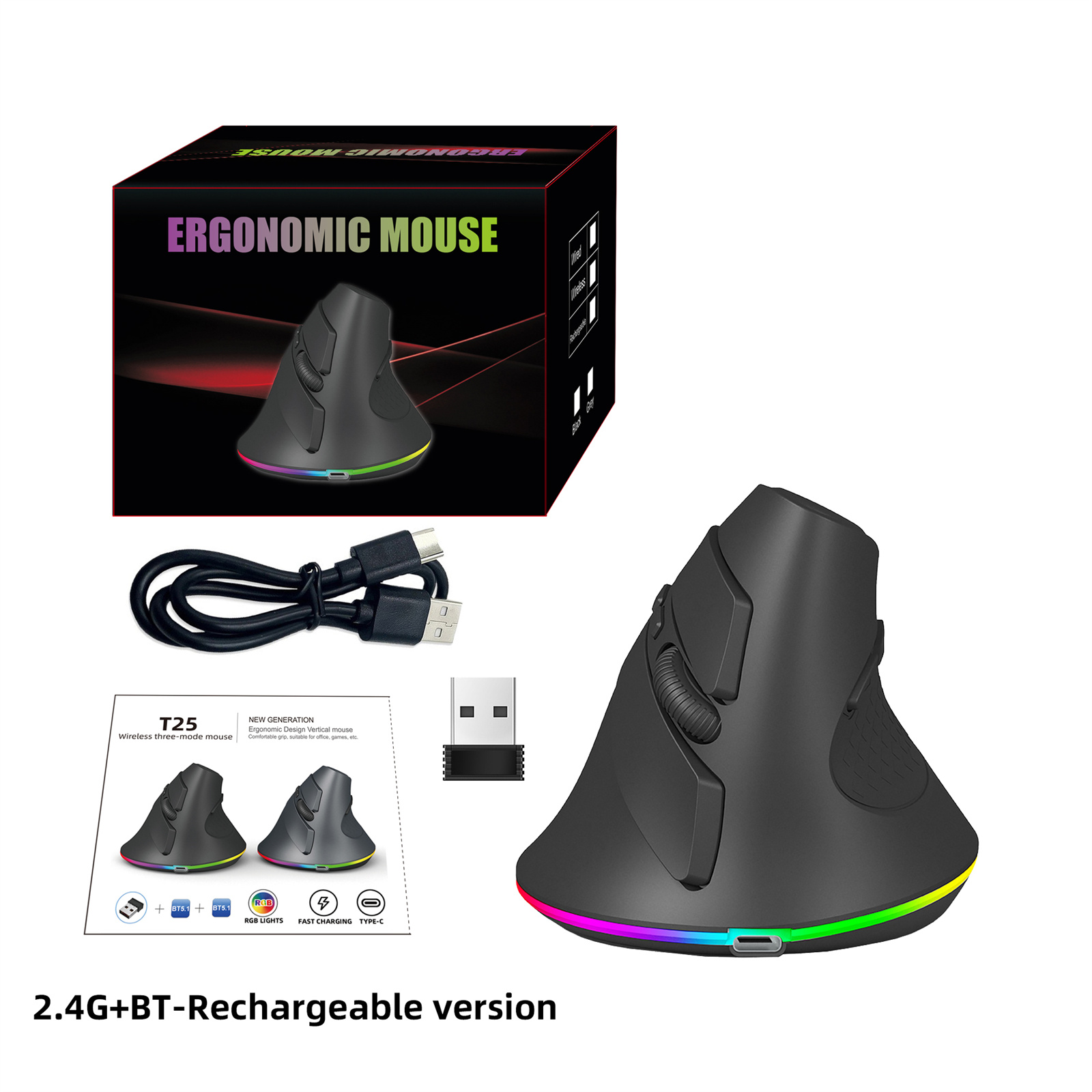 T25 Wireless 3 Modes Mouse Ergonomic Design Optical High Precision Mice ...