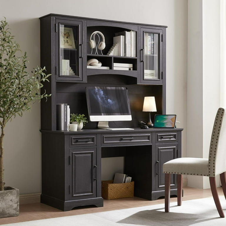 T4TREAM 58 Large Bar Cabinet with Hutch Bookshelf Drawers Storage Cabinet Office Desk with Charging Station for Office Home Black