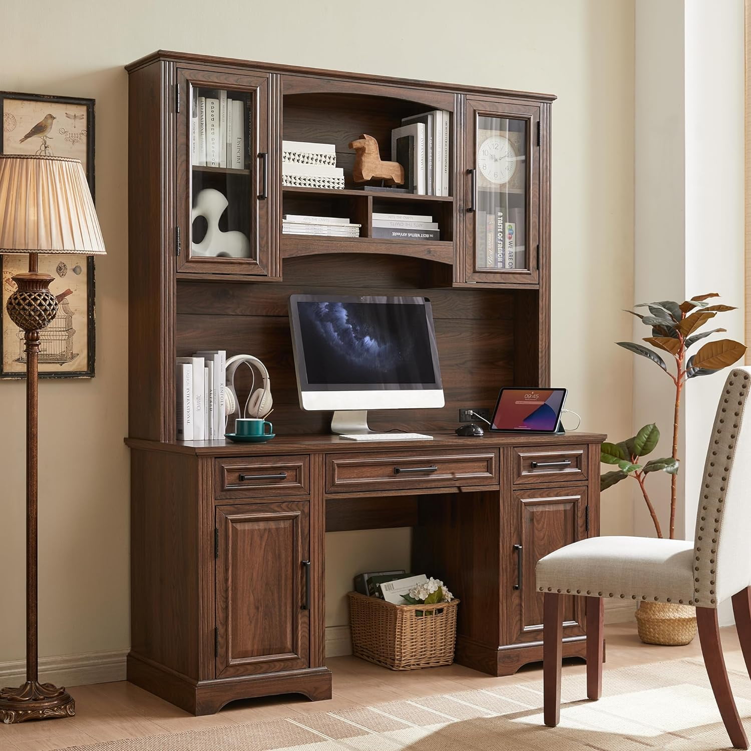 "T4TREAM 76"" High Wood Tall Bar Cabinet with Hutch, Office Desk ...