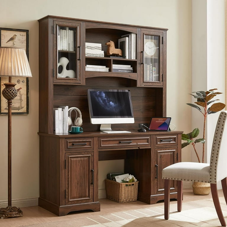 T4TREAM 58 Large Bar Cabinet with HutchBookshelf Drawers Storage Cabinet Office Desk with Charging Station for Office Home Brown