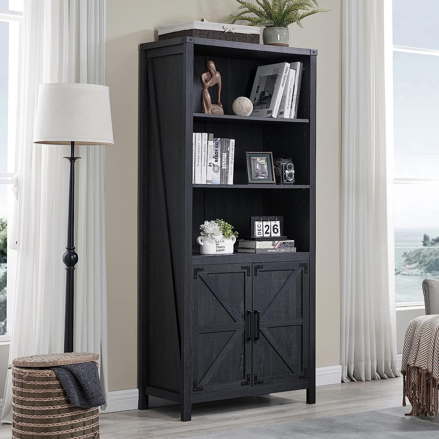 "T4TREAM 70"" Tall Farmhouse 5 Shelf Bookcase with Doors, Freestanding ...