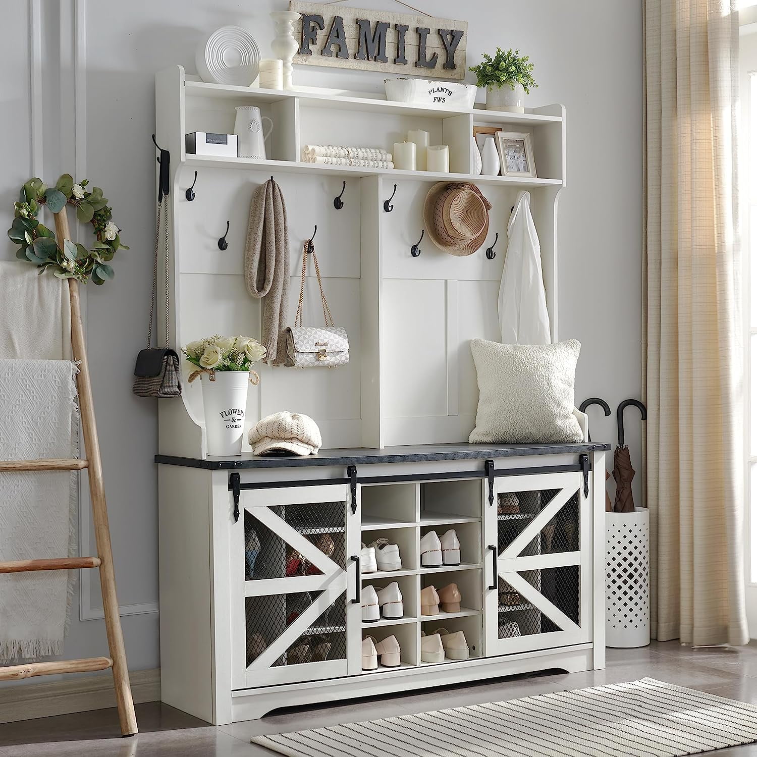 T4TREAM Farmhouse Hall Tree with 12 Shoe Cubbies & 7 Coat Hooks ...