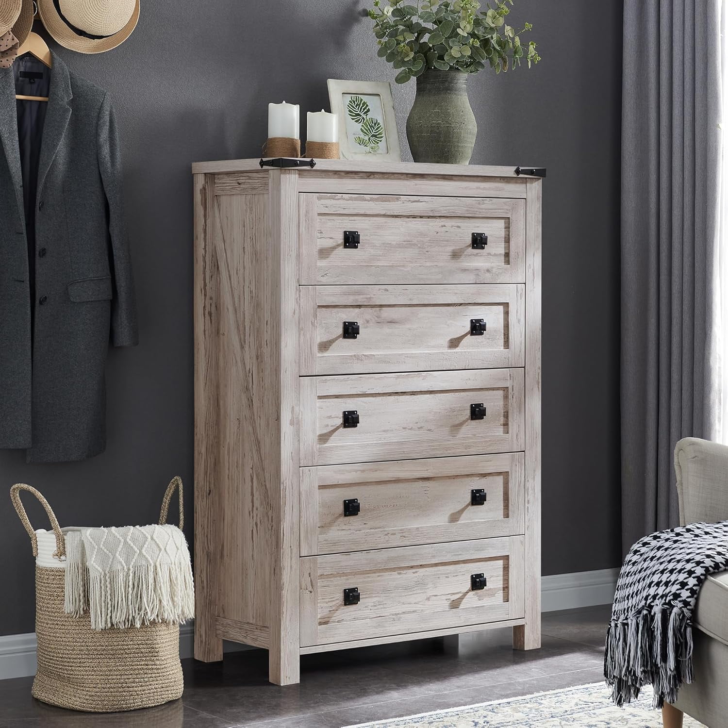 T4TREAM Farmhouse 5 Drawers Dresser Chests for Bedroom, Wood Rustic ...