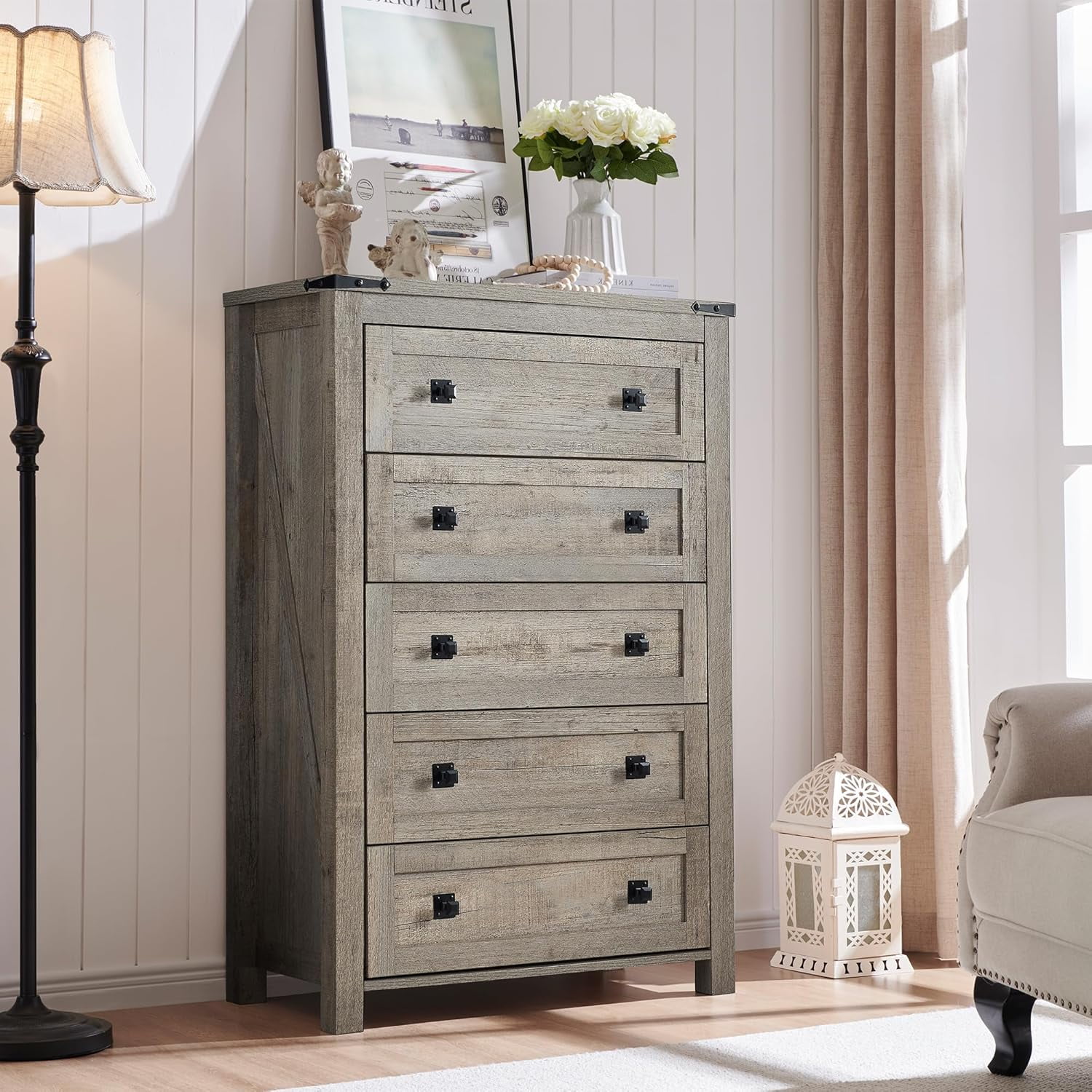 T4TREAM Farmhouse 5 Drawers Dresser Chests for Bedroom, Wood Rustic ...