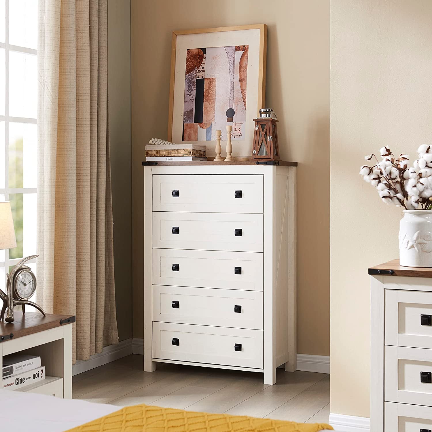 T4TREAM Farmhouse 5 Drawers Dresser Chests for Bedroom Wood Rustic Tall ...