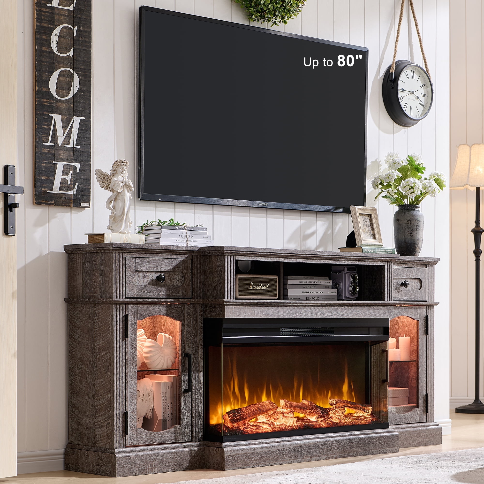 T4TREAM Farmhouse 70" Fireplace Electric TV Stand for TVs up to 80 ...