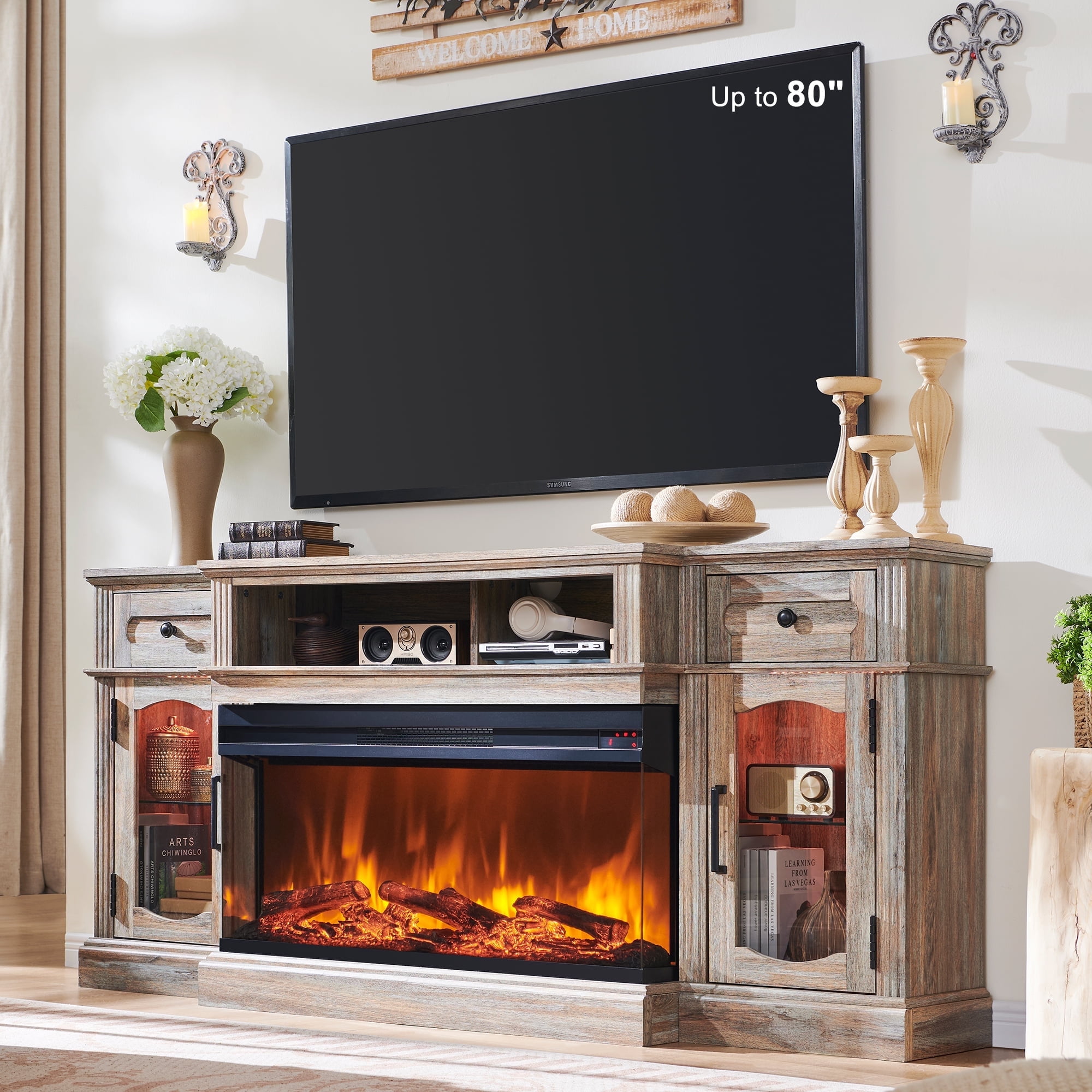 T4TREAM Farmhouse 70" Fireplace Electric TV Stand for TVs up to 80 ...