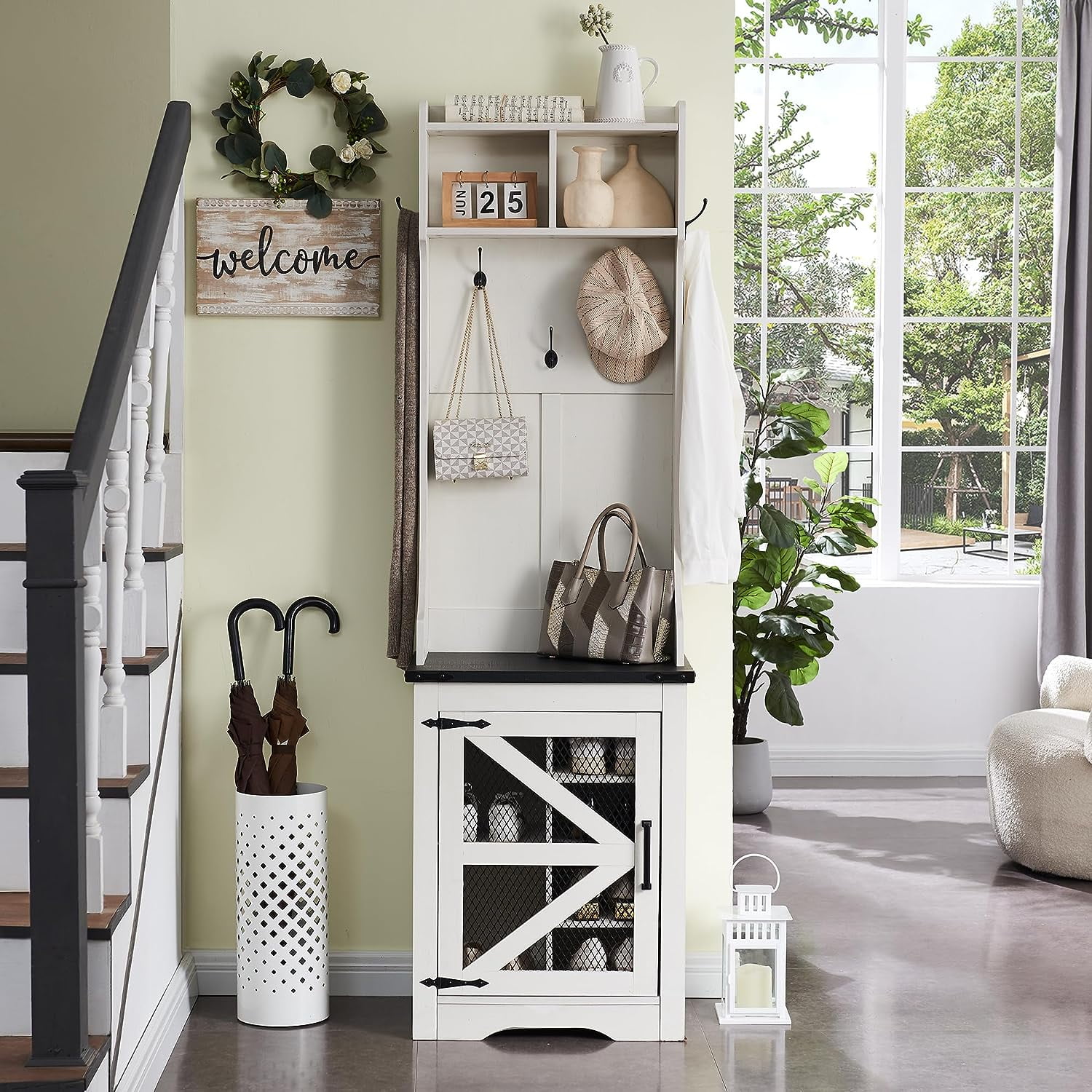 T4TREAM Farmhouse 77" High Hall Tree with Coat Rack and Shoe Storage ...