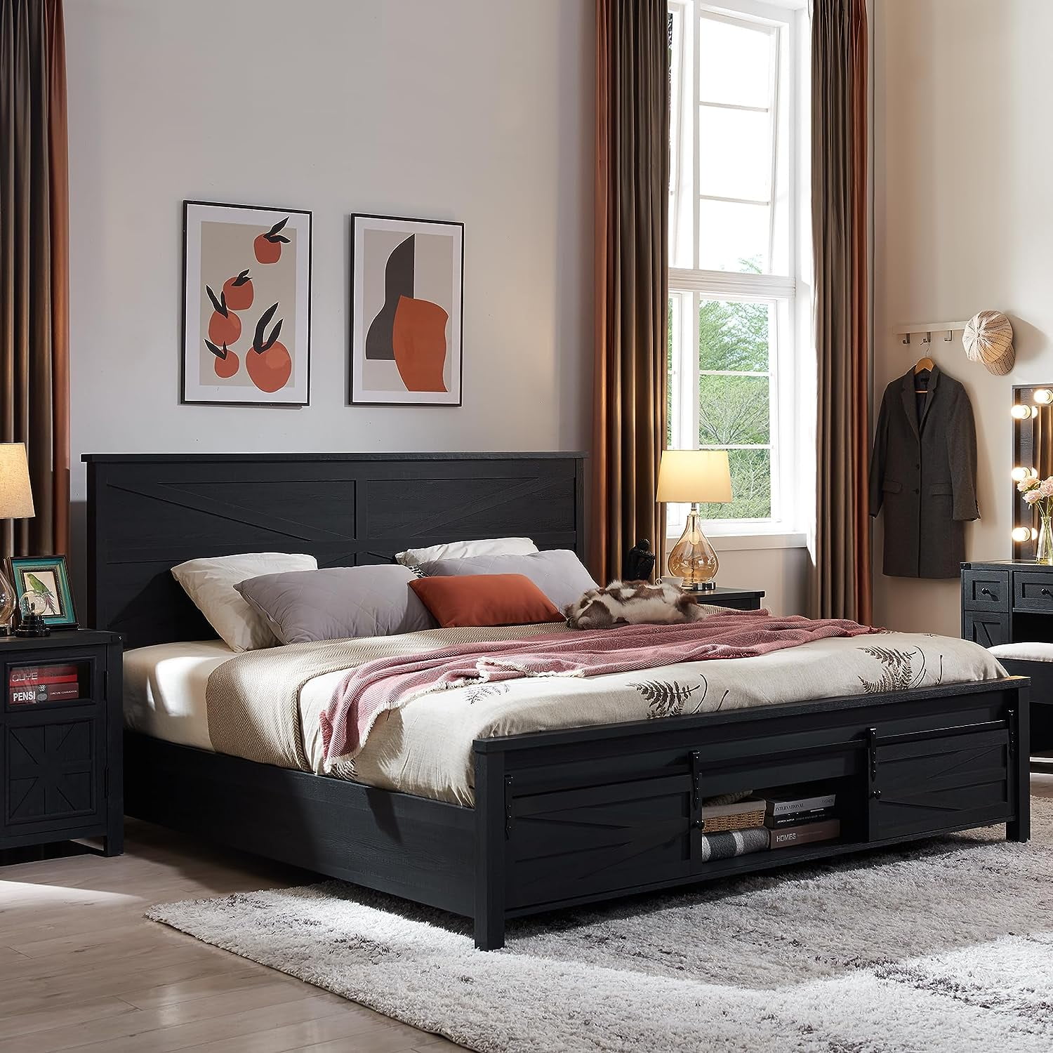 T4TREAM Farmhouse Black Queen Size Platform Bed Frame with Headboard ...