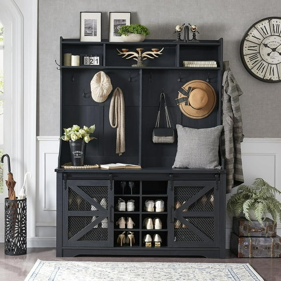"T4TREAM Black Farmhouse Entryway Hall Tree with Shoe Storage & Coat Rack, Solid Wood, 58"" Wide ...
