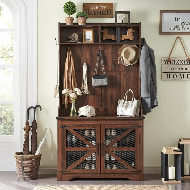 T4TREAM Farmhouse Entryway Hall Tree with Storage Bench Shoe Cubbies and Coat Rack Brown Walmart Business Supplies