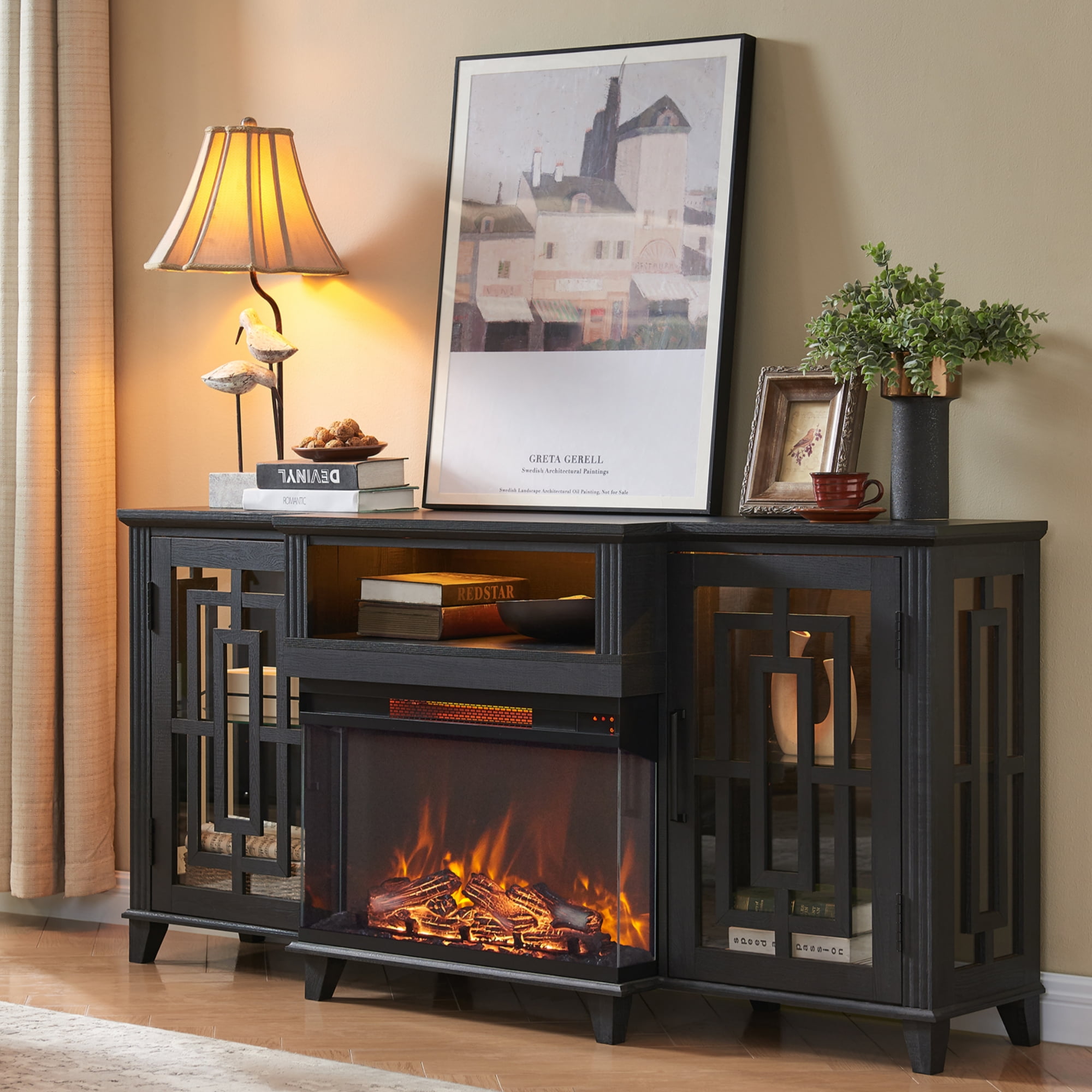 T4TREAM Fireplace TV Stand for 75 Inch TV, 3-Sided Glass with LED ...