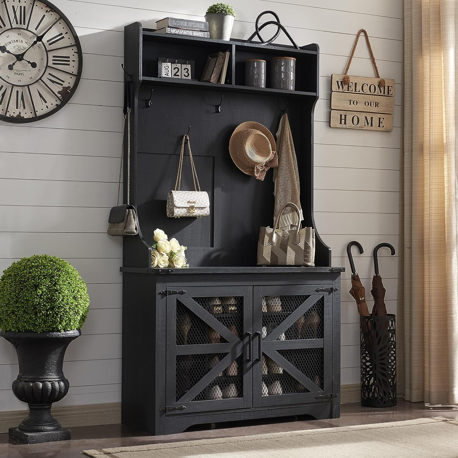 T4TREAM Rustic Farmhouse Hall Tree with Bench, Shoe Storage, Coat Rack ...