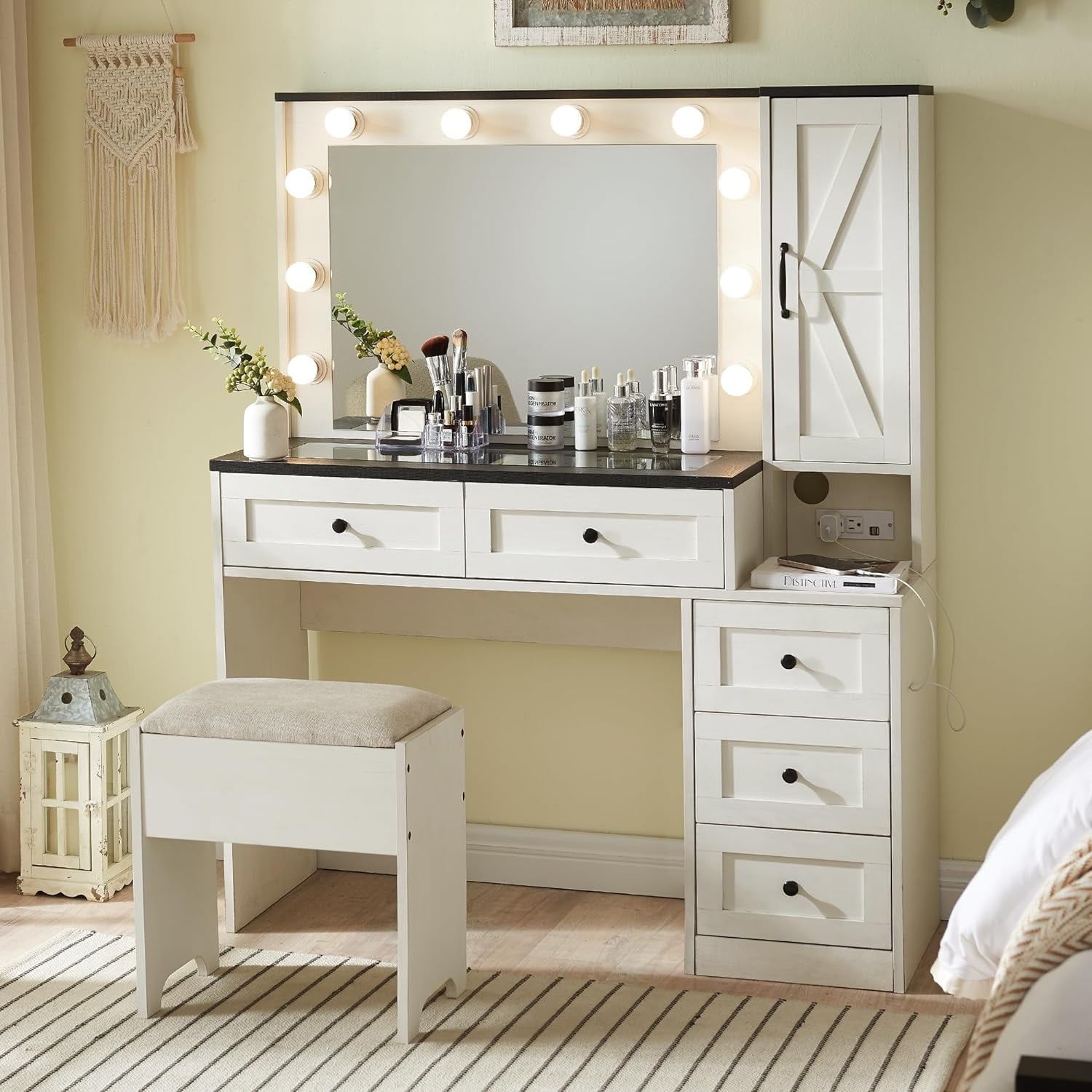 T4TREAM Farmhouse Vanity Table Set with Stool, Wooden Solid Tabletop ...