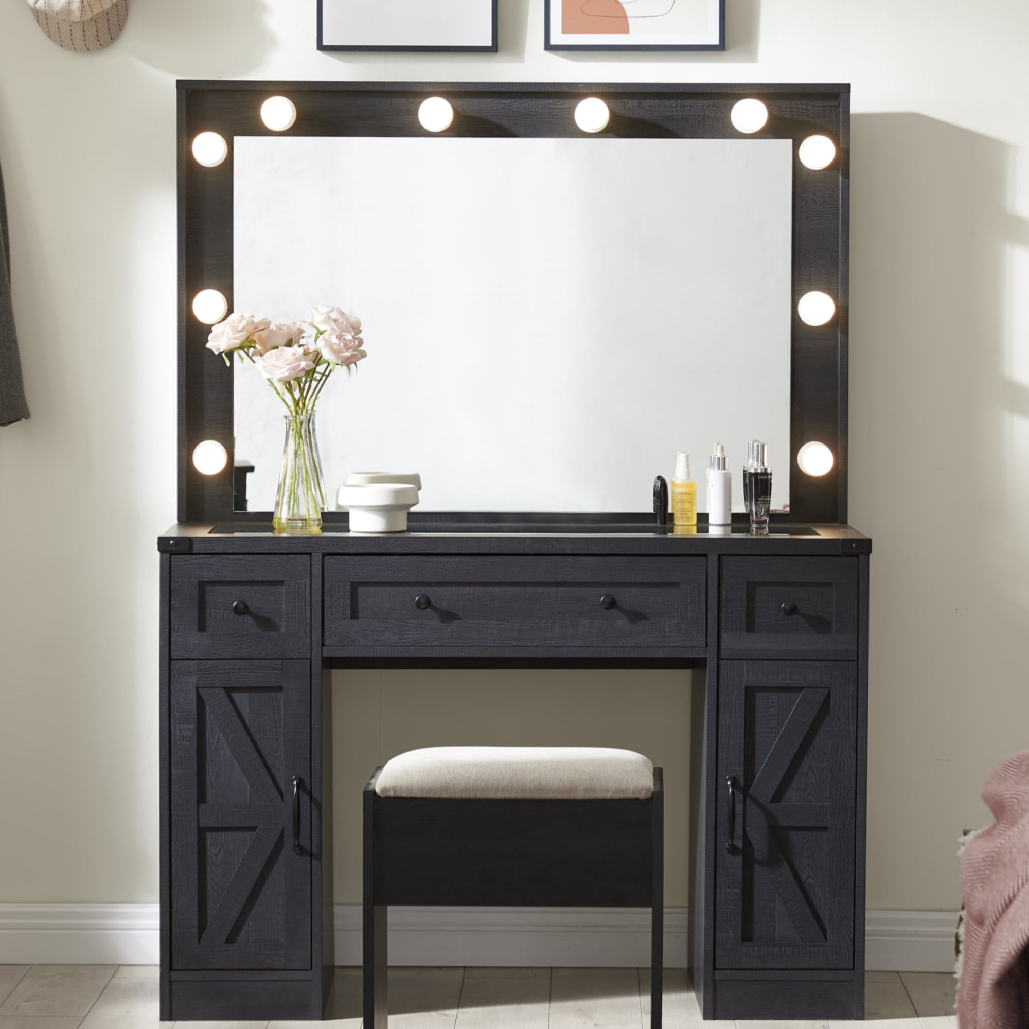 T4TREAM Farmhouse Vanity Set with Illuminated Mirror, 3 Storage Drawers ...