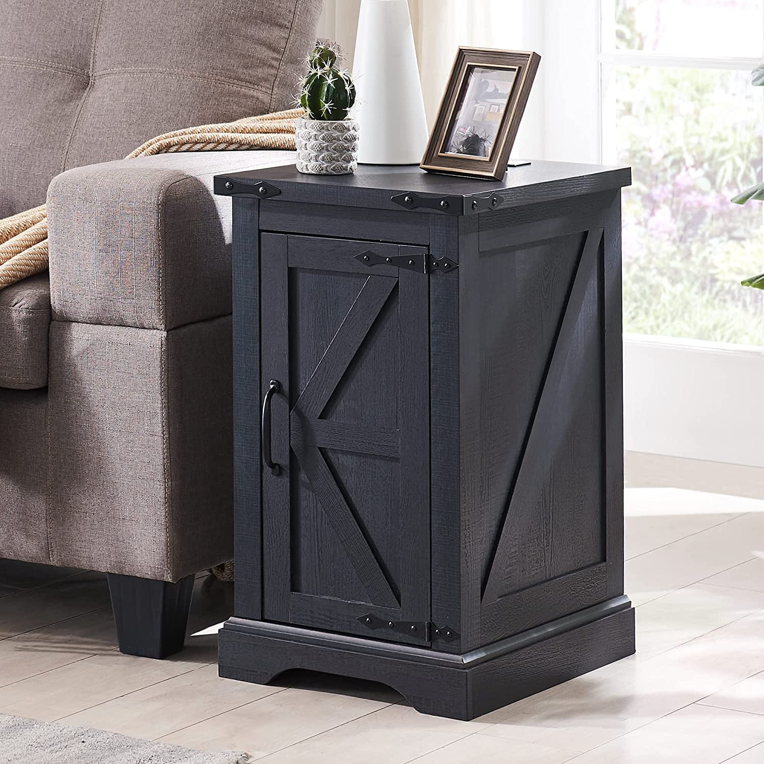 T4TREAM Farmhouse Nightstand with Charging Station Rectangular End Table with Adjustable Storage Shelf Black