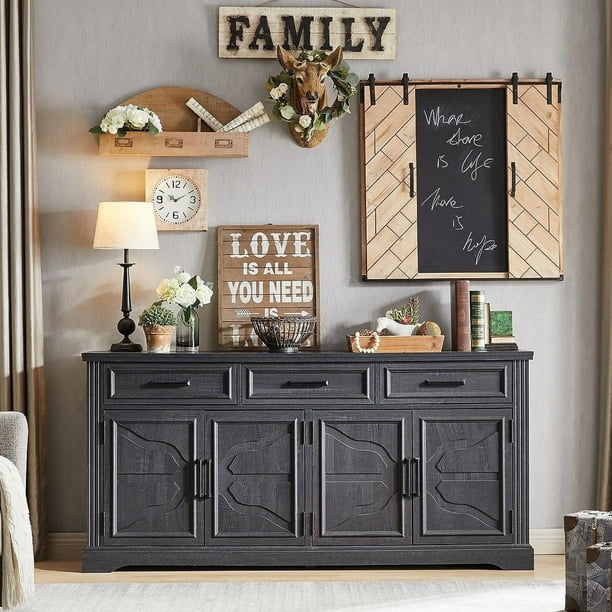 T4TREAM Farmhouse Buffet Sideboard with Storage 66 Wide Hutch Cabinet for Kitchen Dining Room Black
