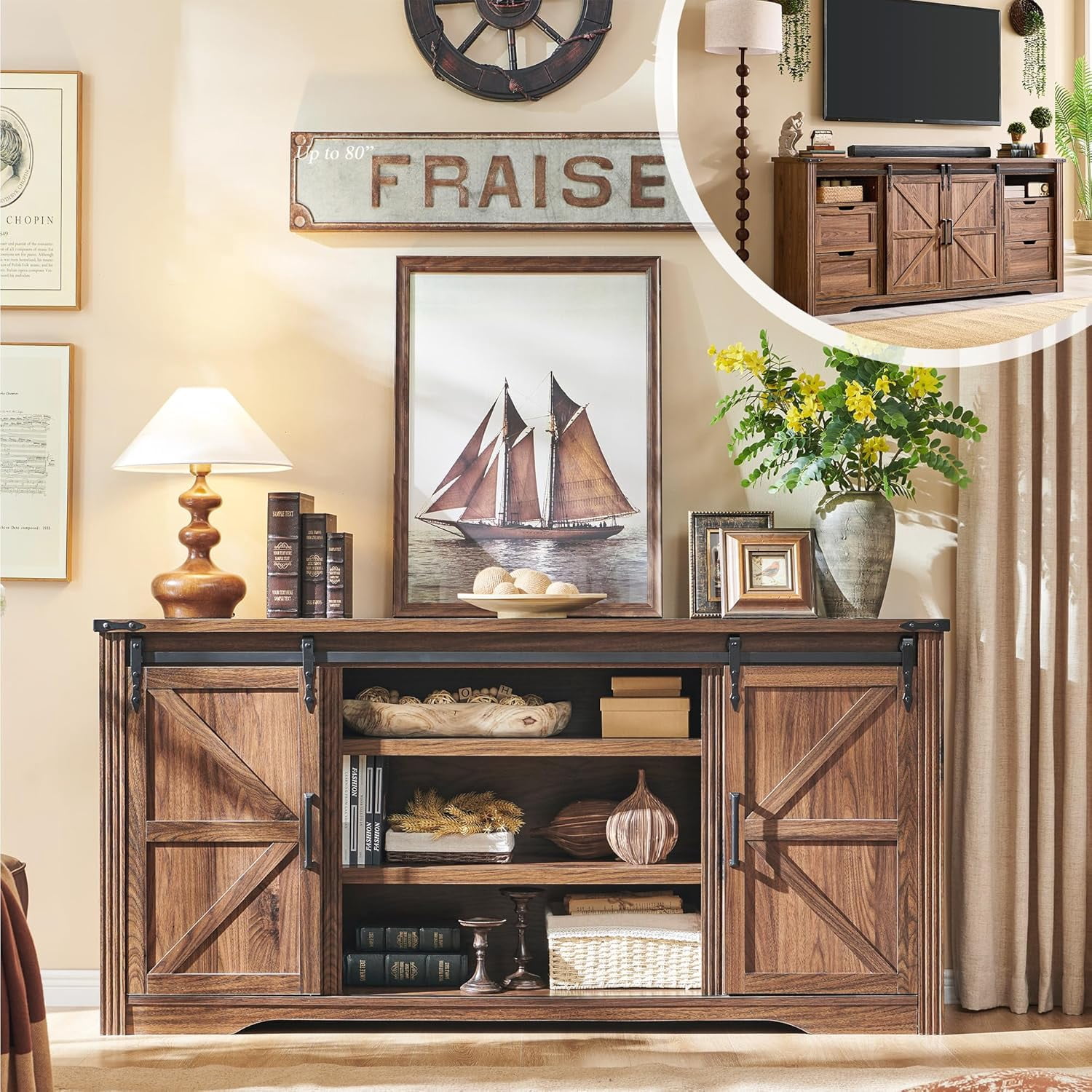T4TREAM Farmhouse TV Stand with 4 Drawer for TVs up to 75", Farmhouse ...