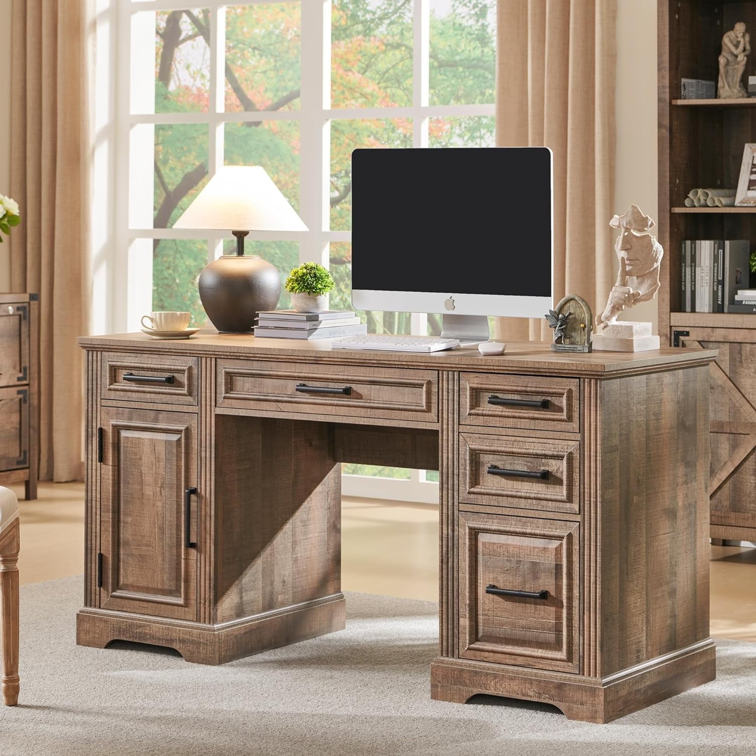 T4TREAM Farmhouse Wood 58" Executive Desk, Home Office 30" High ...