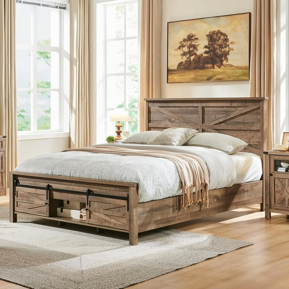 T4TREAM Farmhouse Wood Queen Size Bed Frame with Sliding Barn Door ...