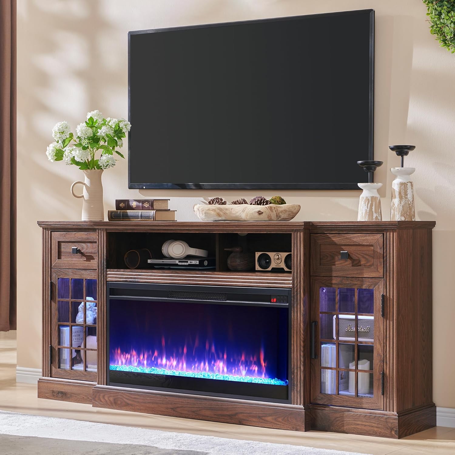T4TREAM Fireplace TV Stand for 80 Inch TV, Farmhouse Highboy ...
