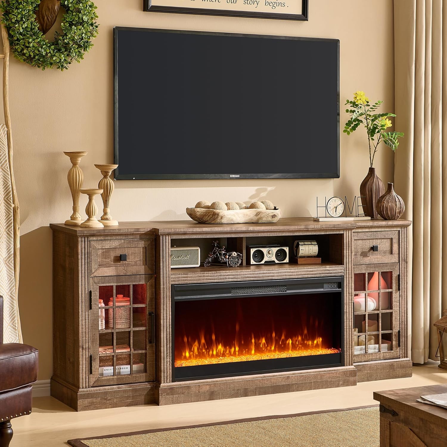 T4TREAM Fireplace TV Stand for 80 Inch TV, Farmhouse Highboy ...
