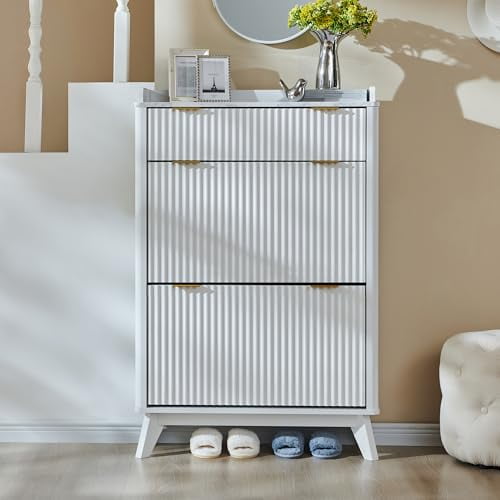 T4TREAM Fluted Shoe Storage Cabinet with 2 Flip Drawers & Top Drawer ...