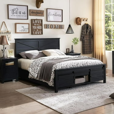 T4TREAM Rustic King Size White Farmhouse Bed Frame with Solid Wood ...