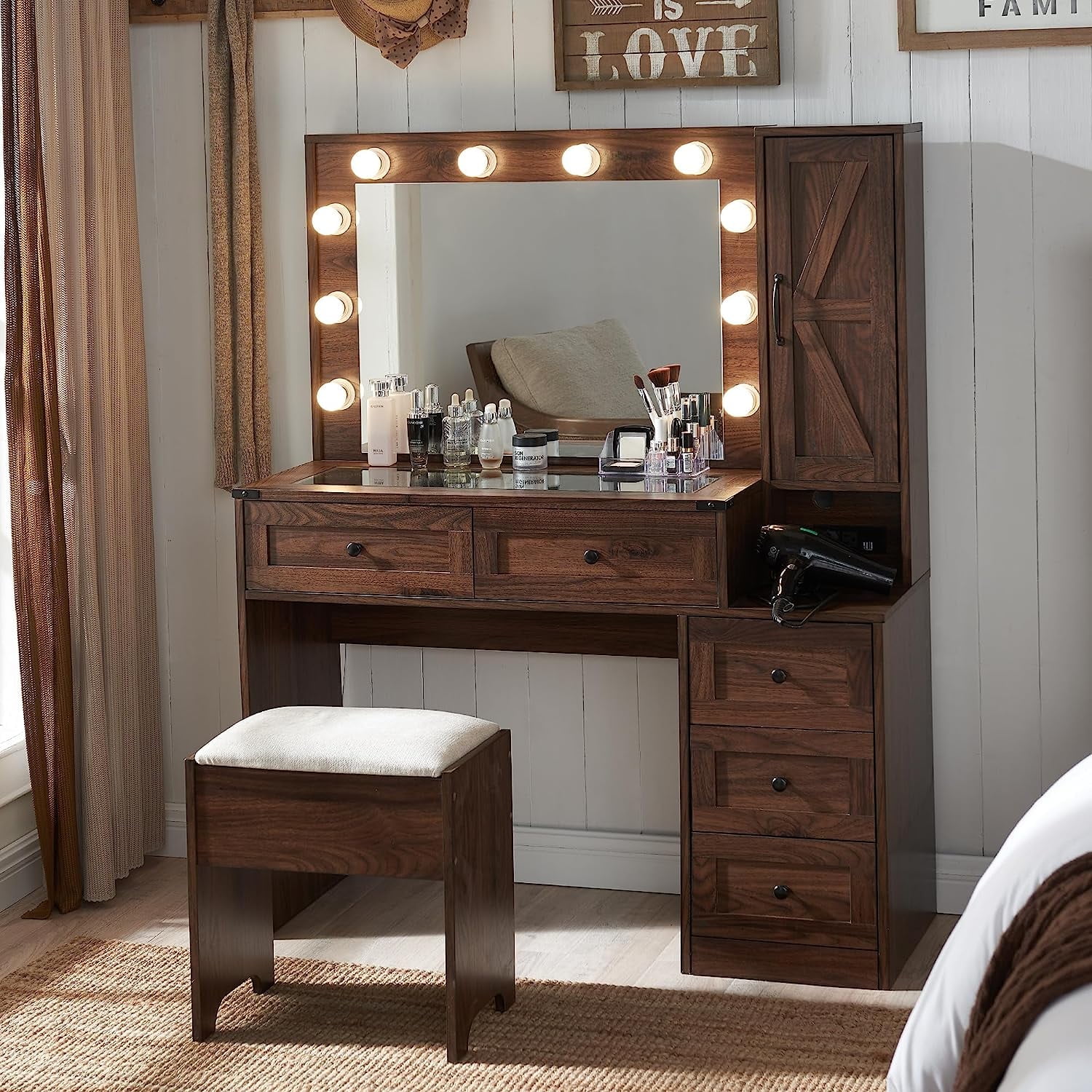 T4TREAM Farmhouse Makeup Vanity Table Set and Stool with 10 LED Lights ...