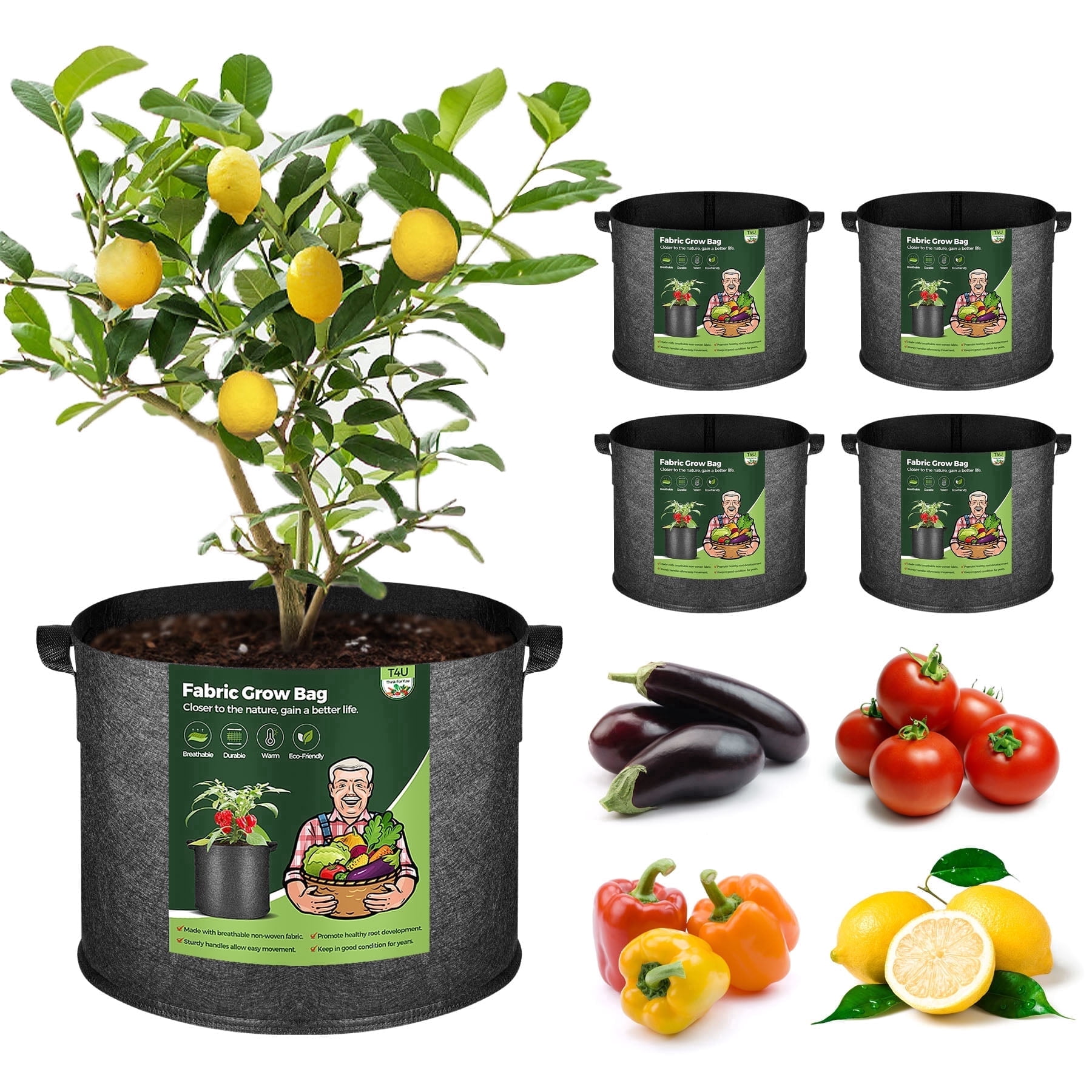 T4U Fabric Plant Grow Bags with Handles, Heavy Duty Nonwoven Smart ...