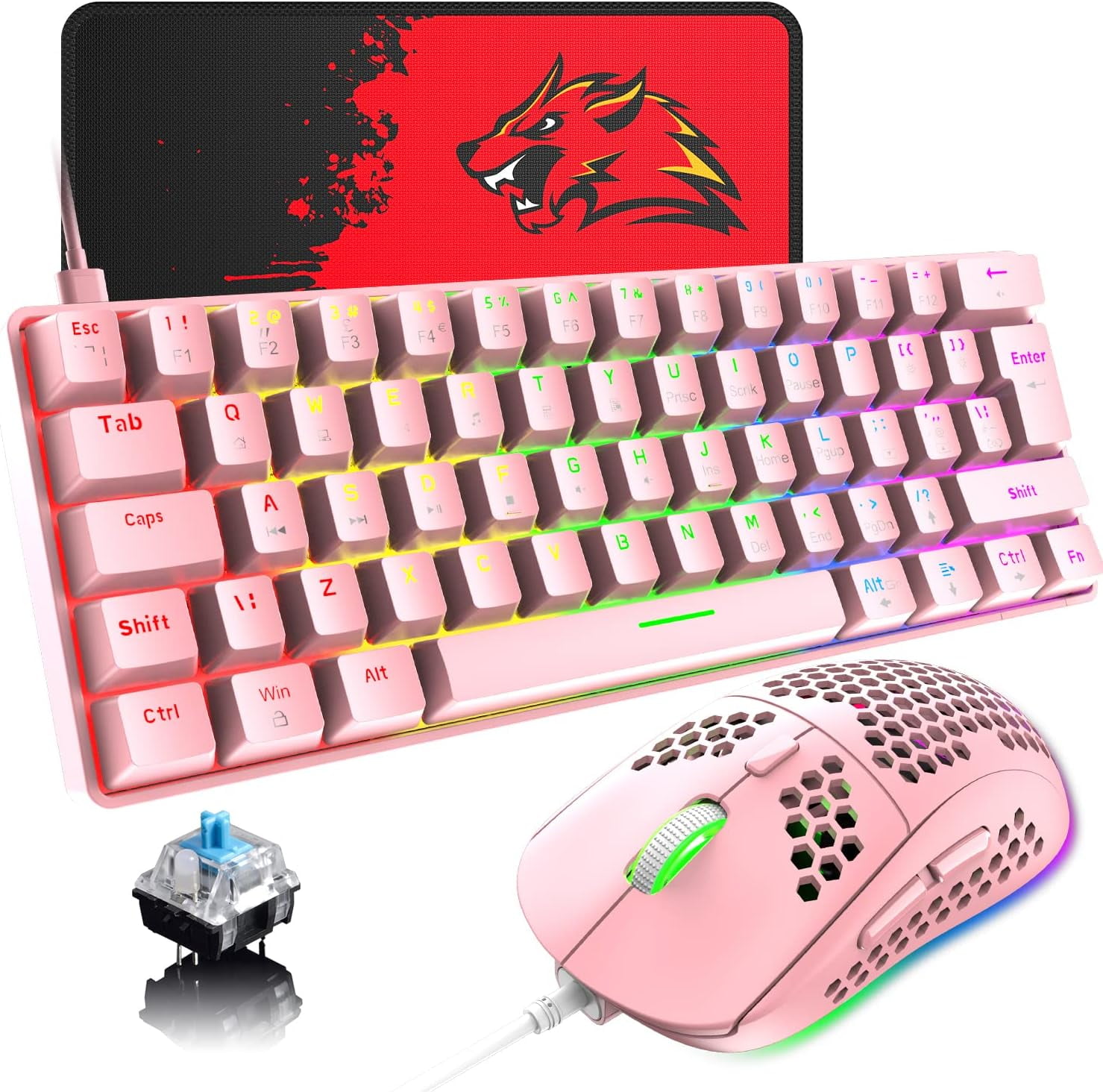 T60 60% Mechanical Keyboard&Mouse Set, 62 Keys Wired Gaming Keyboard 19 ...
