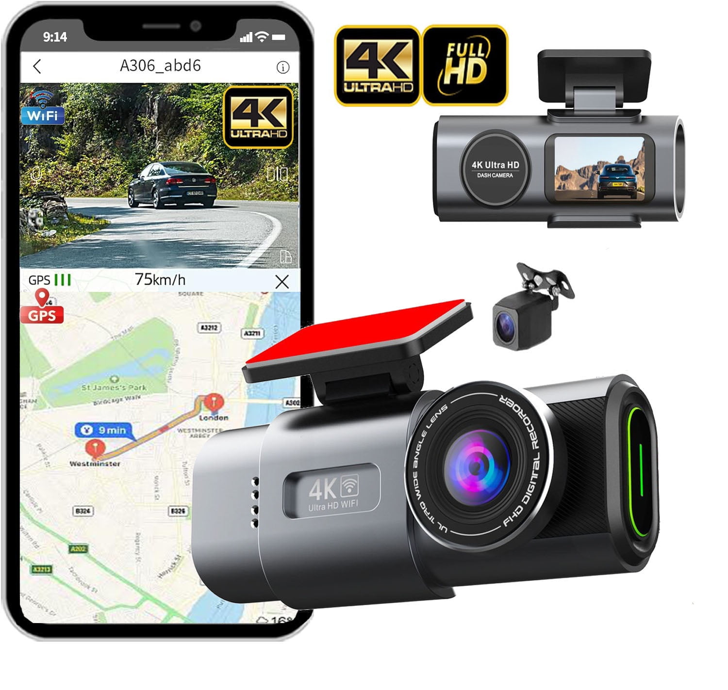 T9 Dashcam,2" IPS Screen, 4K+1080P Front and Rear Dual Lens HD Car ...