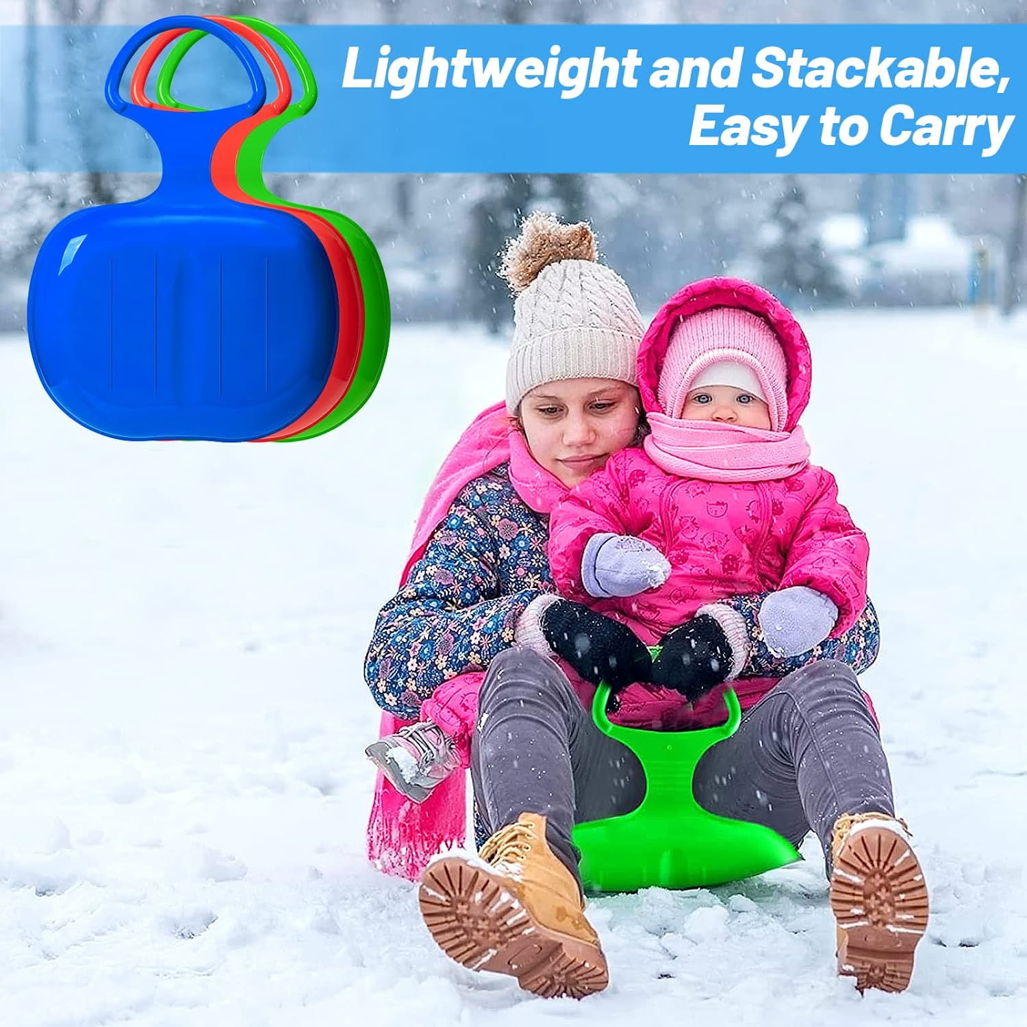 TABGIME 2 Packs Portable Plastic Snow Sleds W/Handle for Kids Snow ...