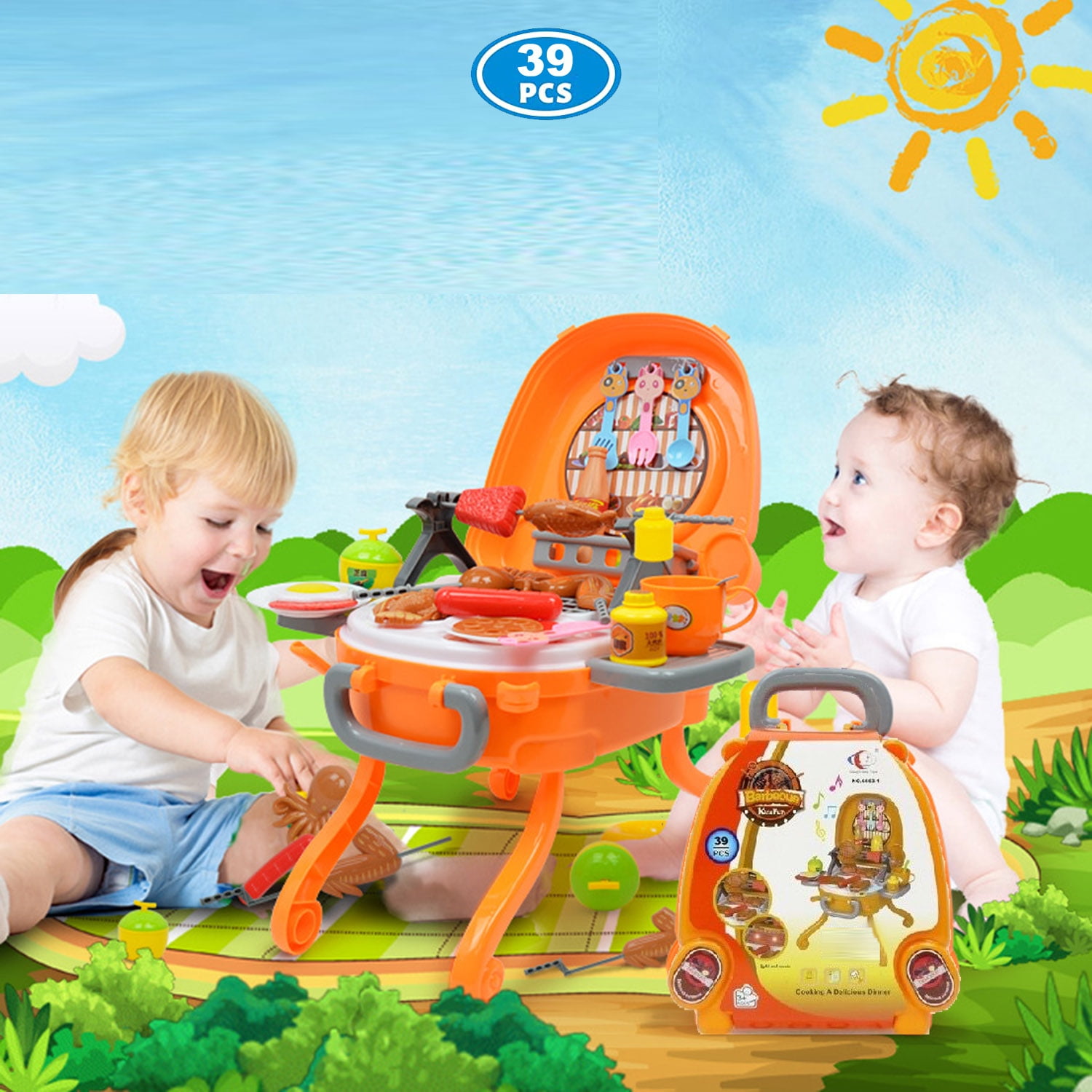 TABGIME Pretend Play Barbecue Grill Toys Playset W/Draw-Bar Box & 39 ...