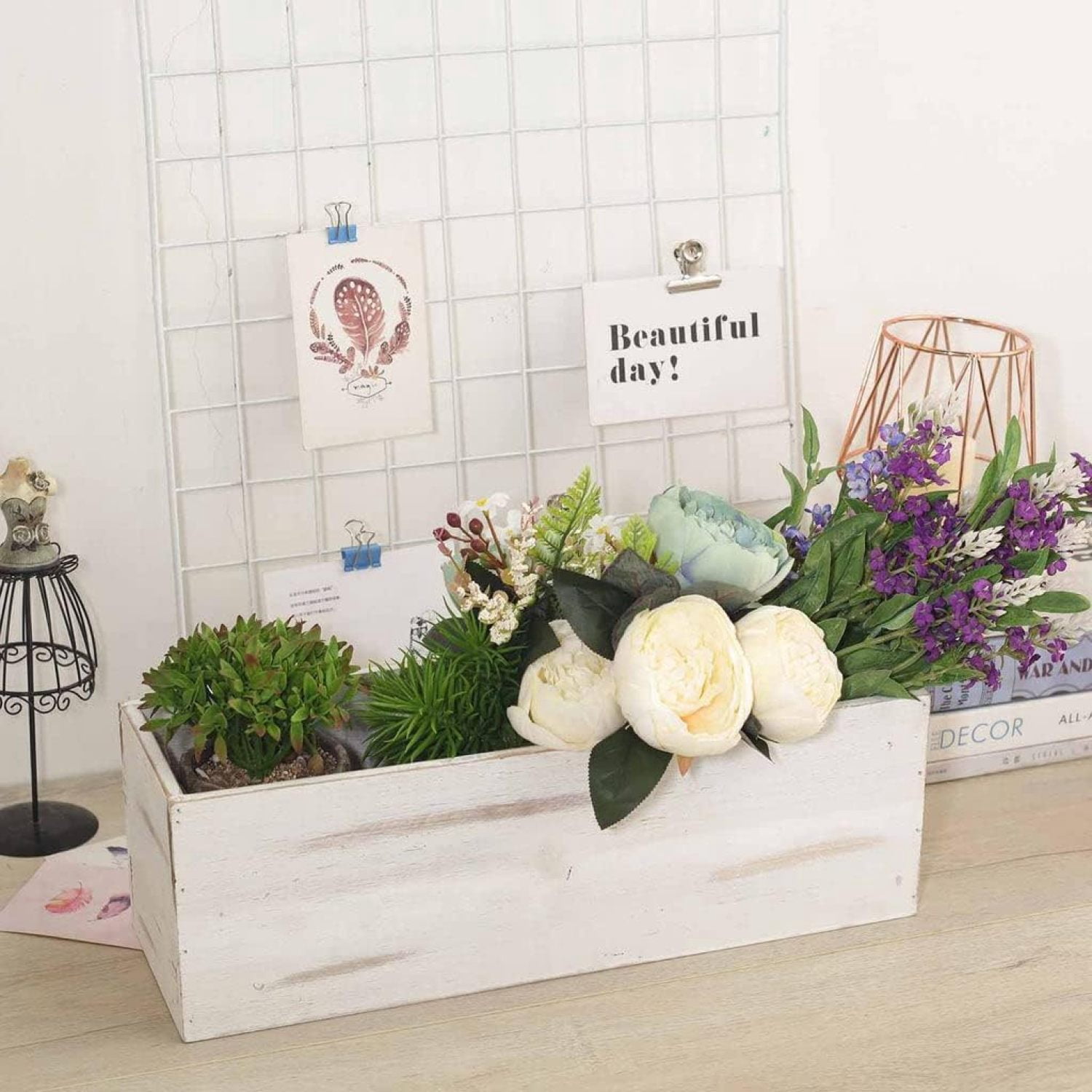 TABLECLOTHSFACTORY 18x6'' Whitewash Wood Planter Boxes with Plastic ...