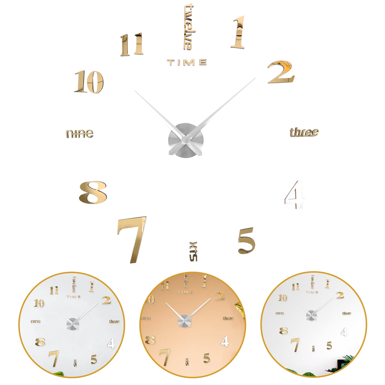TABLZONE Modern Mirror Clock Large Wall Clock Golden 1Pcs 3D Frameless ...