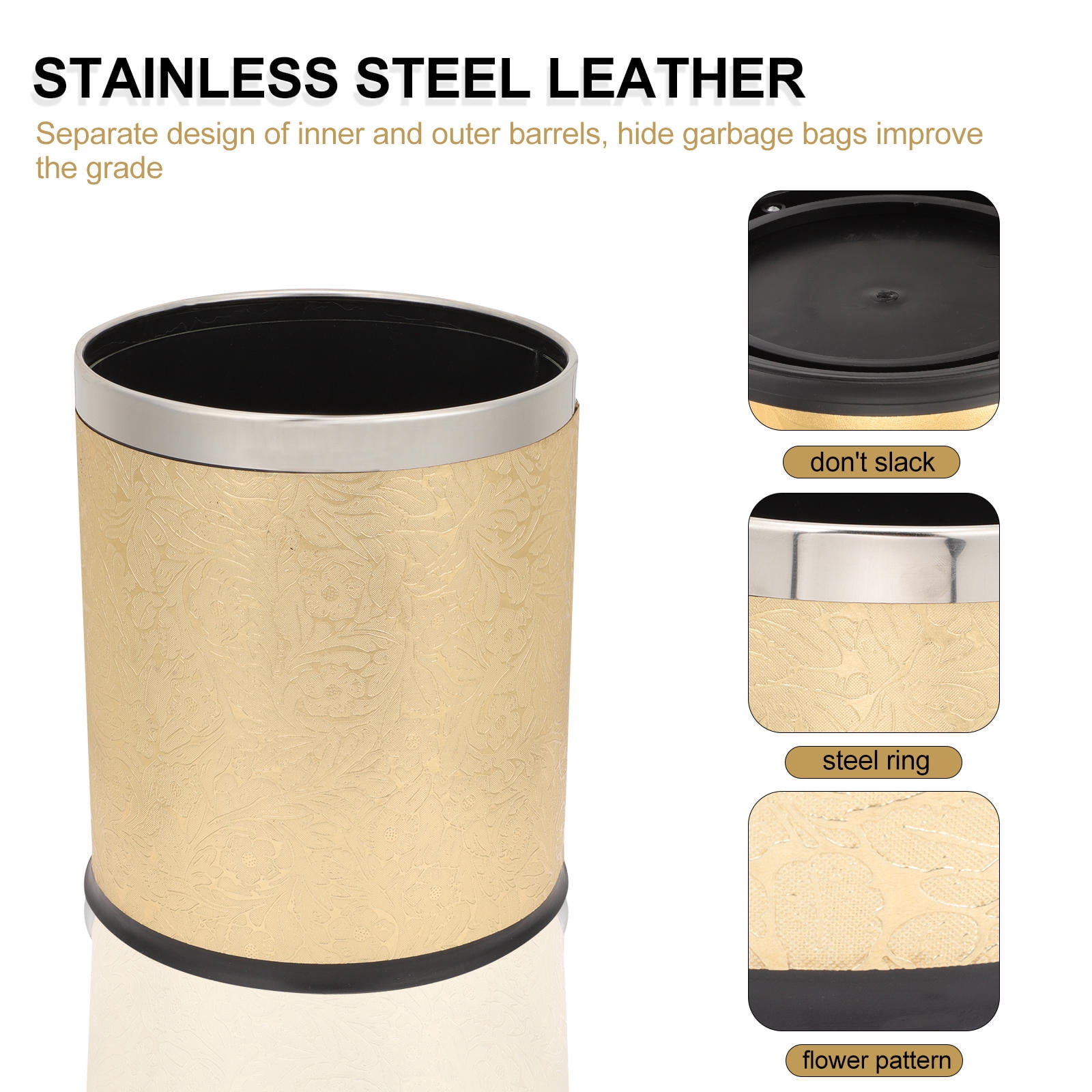 TABLZONE Golden Garbage Can Fireproof Material Non-Slip Base Separate ...